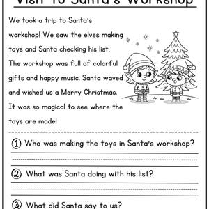 Christmas Reading Comprehension Printable - Kindergarten - First Grade ...
