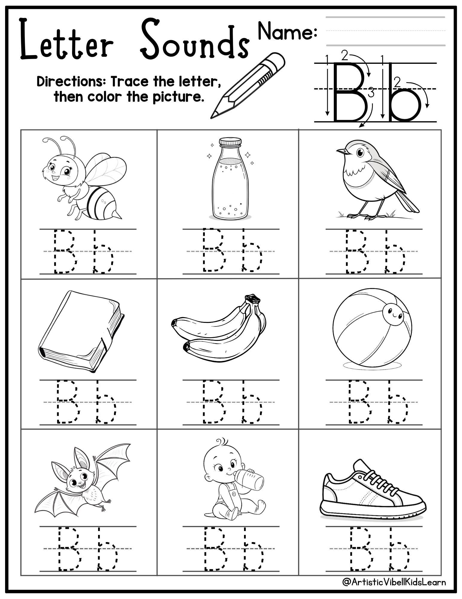 Alphabet Beginning Sounds Worksheets Letters Color & Trace Handwriting ...