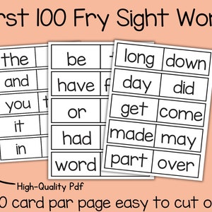 100 Printable Fry's First Hundred Sight Word Flashcards. Kindergarten ...