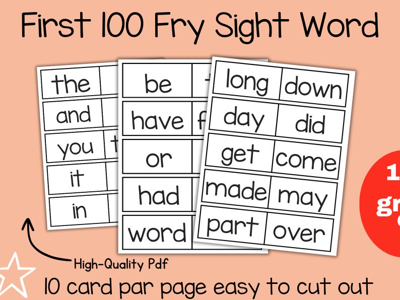 100 Printable Fry's First Hundred Sight Word Flashcards. Kindergarten ...