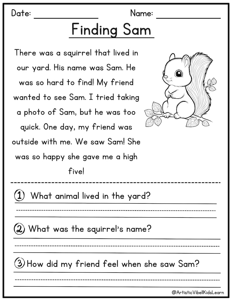 Reading Comprehension Printable Kindergarten First Grade Worksheets ...