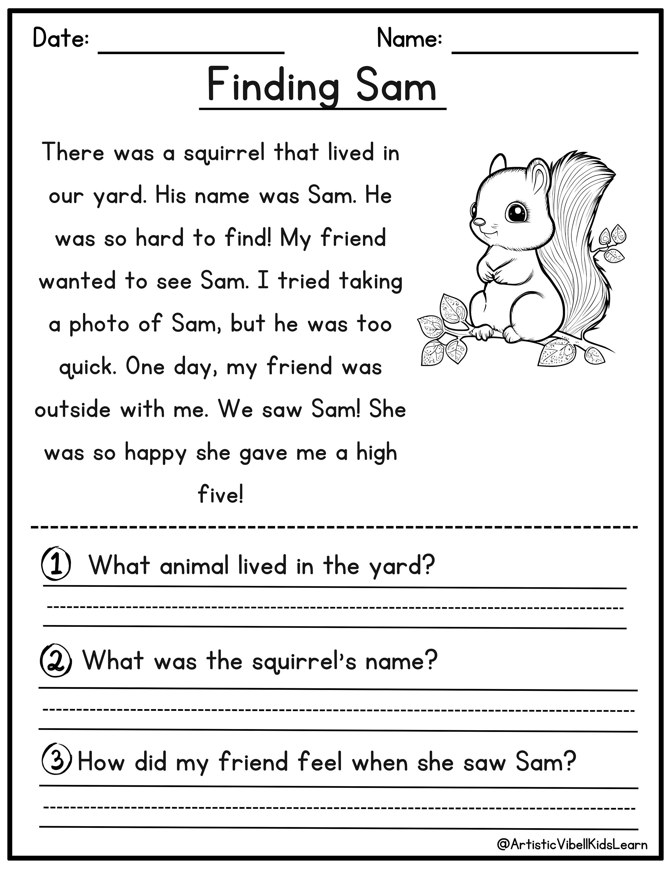 Reading Comprehension Printable Kindergarten First Grade Worksheets ...