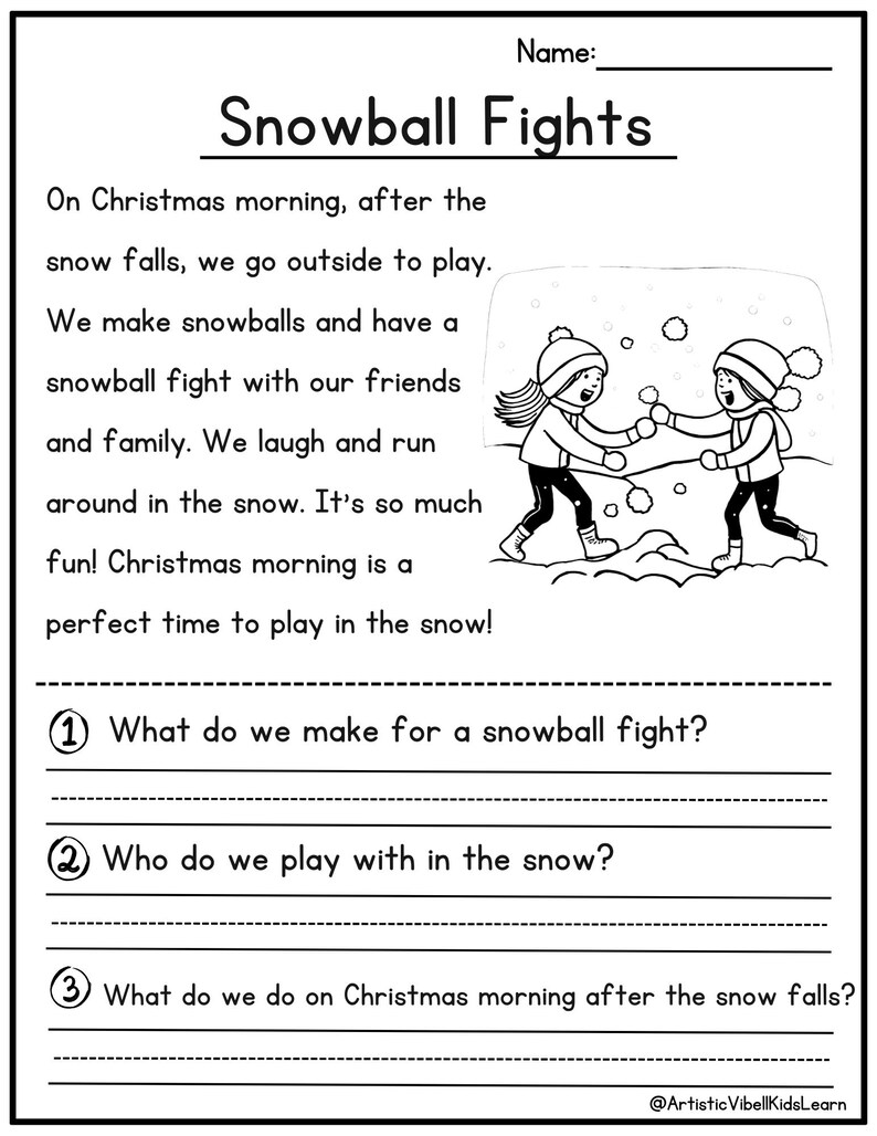 50 Christmas Reading Comprehension Printable - Kindergarten - First ...