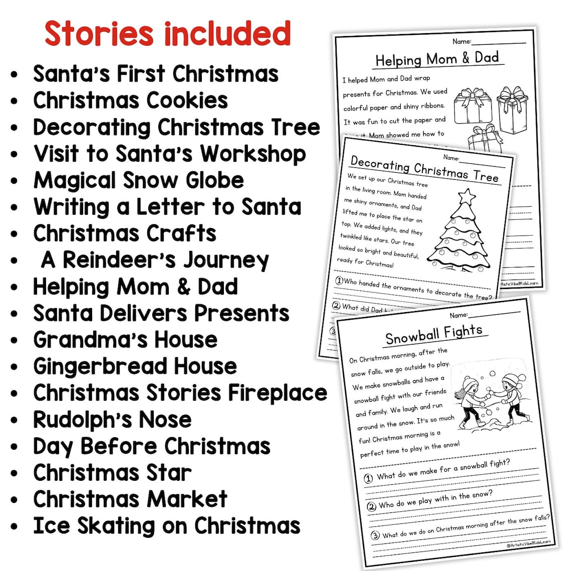 50 Christmas Reading Comprehension Printable - Kindergarten - First ...