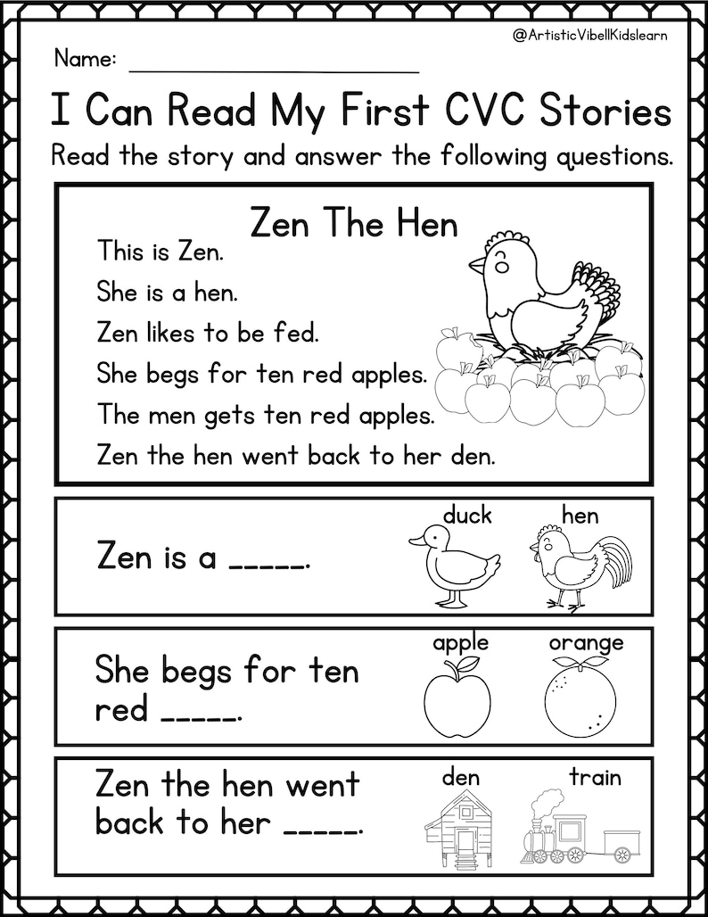 Phonics Worksheets My First CVC Sentences for Kindergarten and First ...
