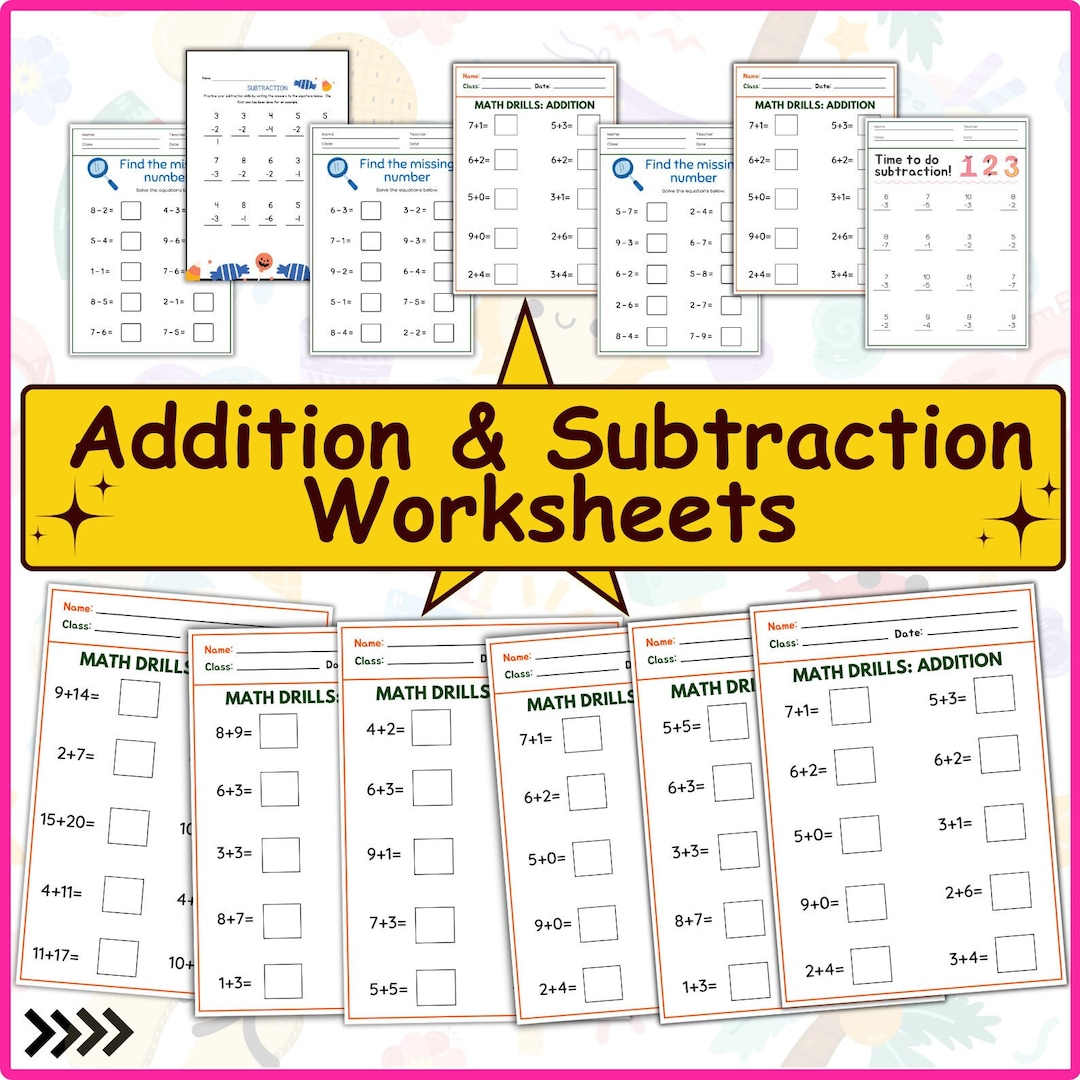 30 Math Worksheets Printable Instant Download Addition Subtraction Kids ...