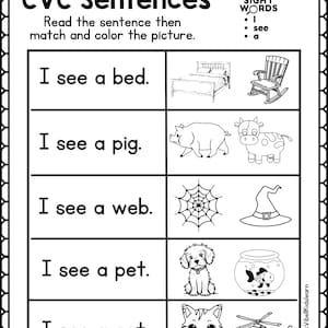Phonics Worksheets My First CVC Sentences for Kindergarten and First ...