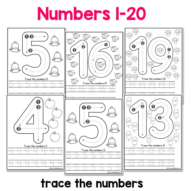 Numbers 1-20 Trace, Count, and Color Worksheets Preschool Numbers ...