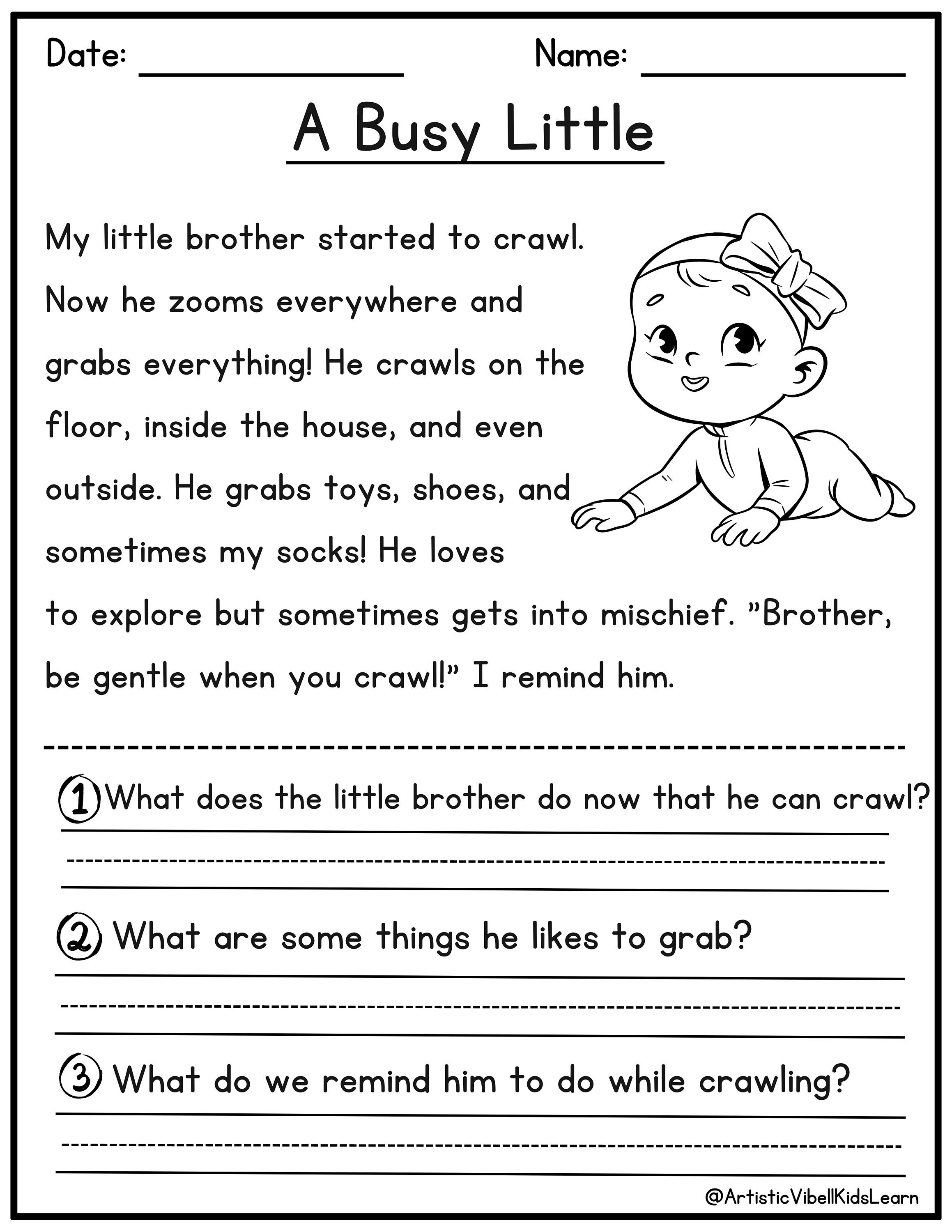 Reading Comprehension Printable Kindergarten First Grade Worksheets ...