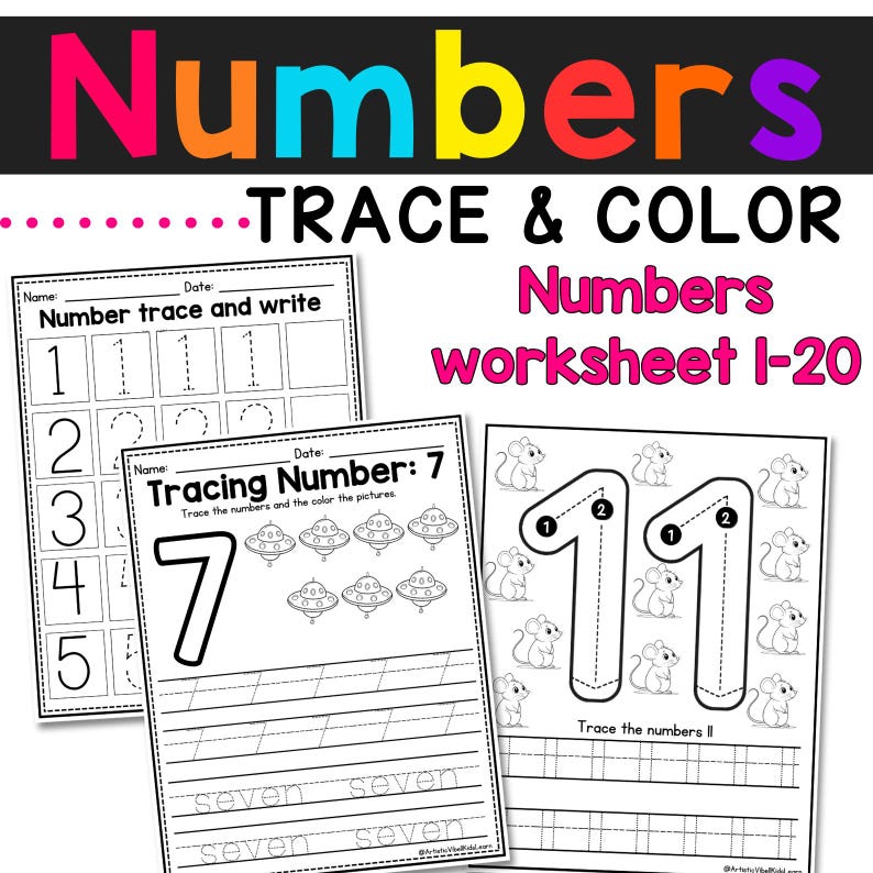 Numbers 1-20 Trace, Count, and Color Worksheets Preschool Numbers ...