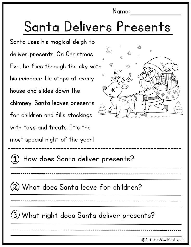 Christmas Reading Comprehension Printable - Kindergarten - First Grade ...