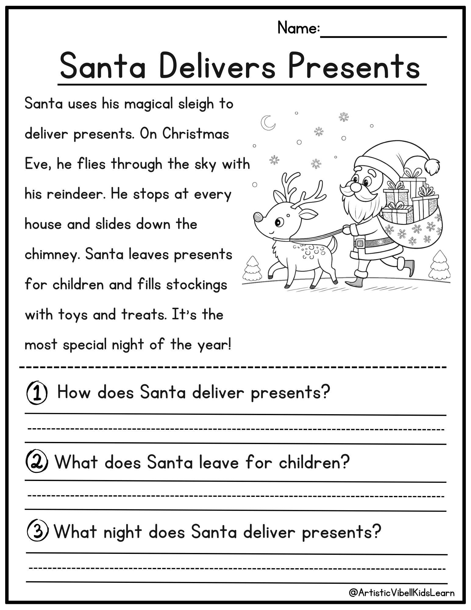 Christmas Reading Comprehension Printable - Kindergarten - First Grade ...