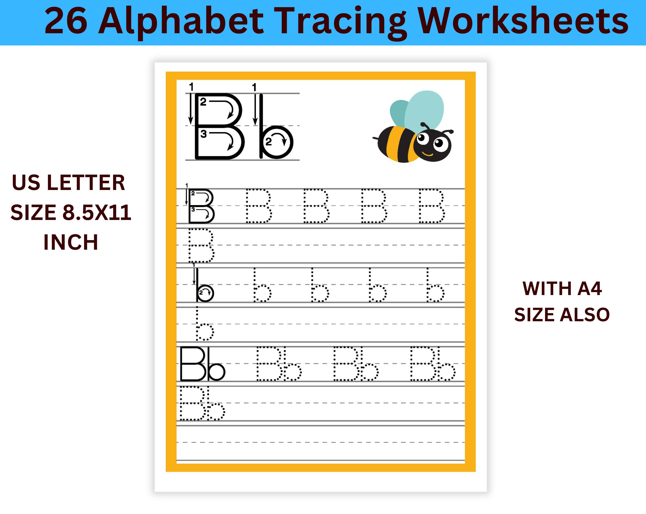 26 ABC Phonics Tracing Worksheet. Preschool Kindergarten Handwriting ...