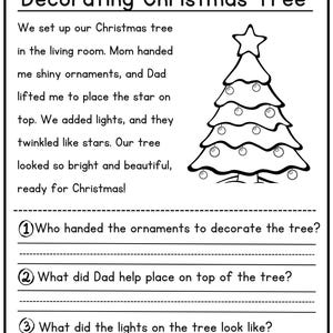 50 Christmas Reading Comprehension Printable - Kindergarten - First ...