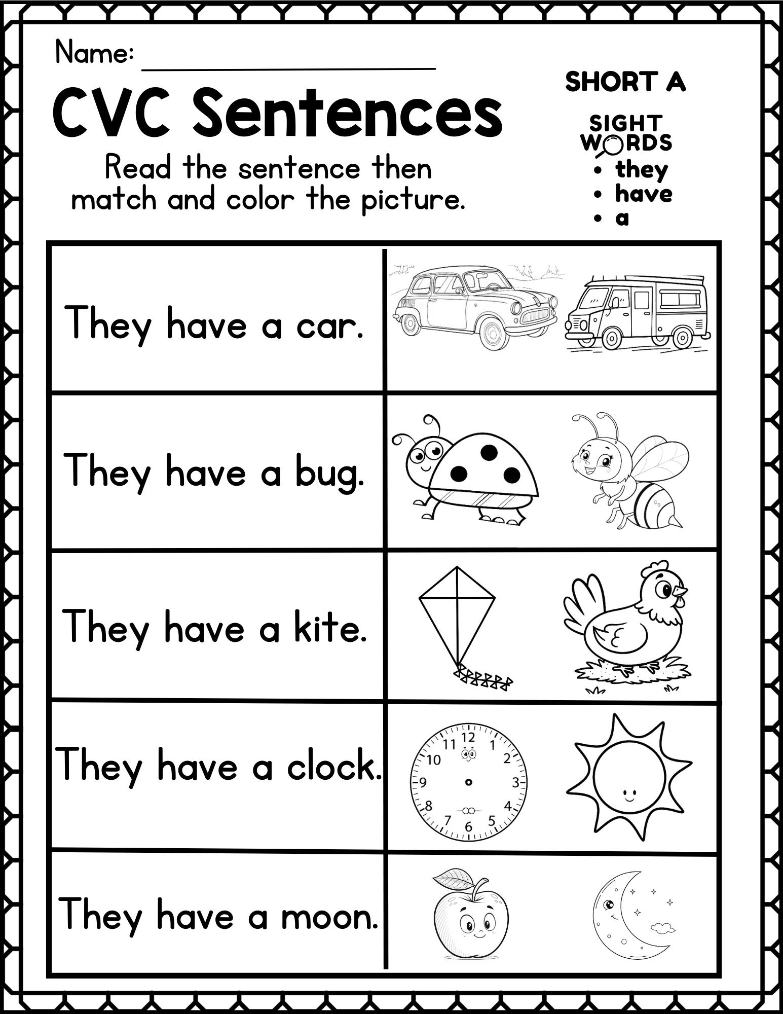 Phonics Worksheets My First CVC Sentences for Kindergarten and First ...