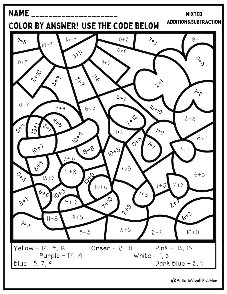 Color by Number Kids Printable Worksheets Spring Spring Addition ...