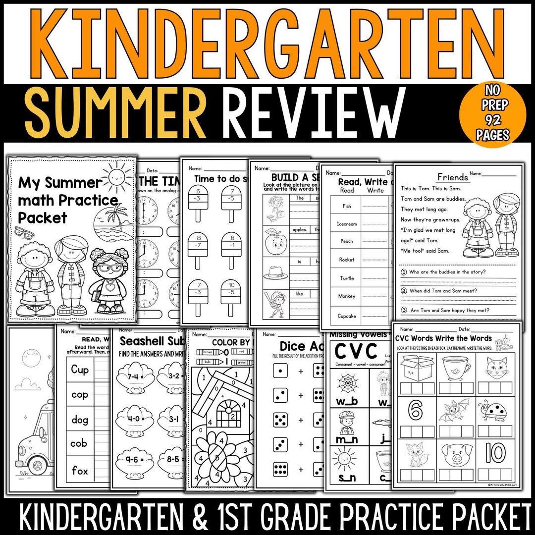 90 Kindergarten Summer Review Packet End of the Year Math and Reading ...