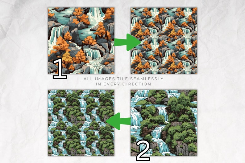 Seamless Waterfall & Forest Digital Paper Patterns - 12x12 Inch 300 DPI ...