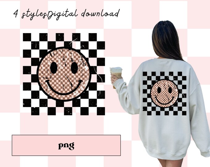 Checkered Smiley Face PNG Retro Distressed Groovy Smiley Face Check ...