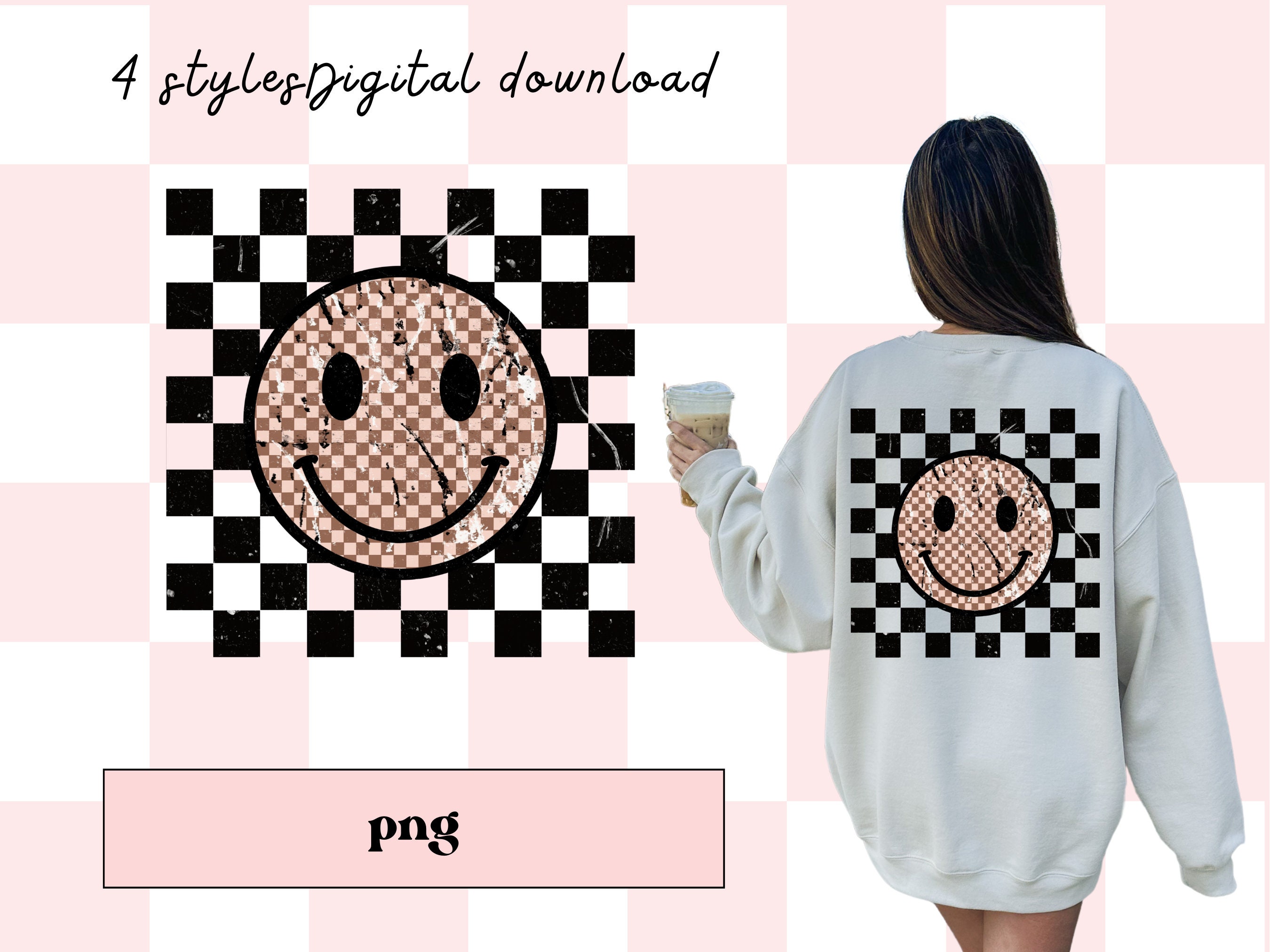 Checkered Smiley Face PNG Retro Distressed Groovy Smiley Face Check ...