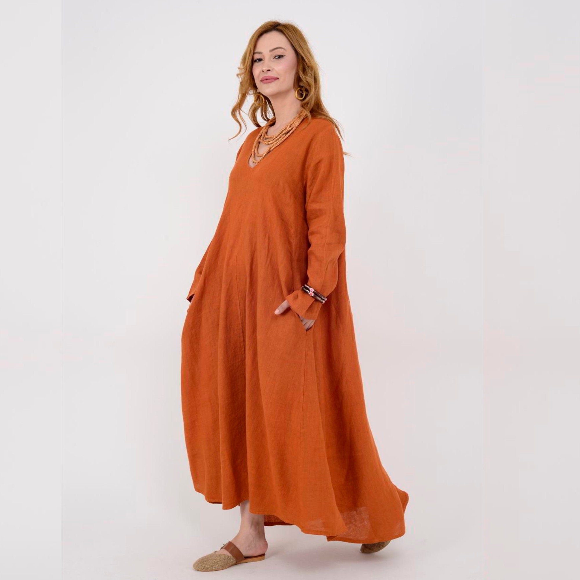 Bohemian Linen Dress Loose Fitting Dress V Neck Linen Dress Flowy