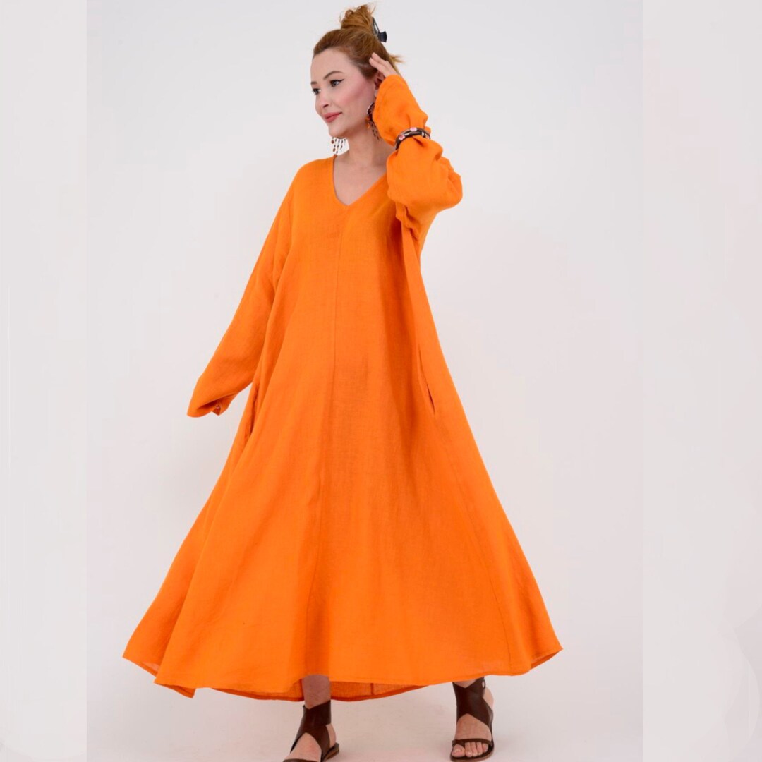 Bohemian Linen Dress Loose Fitting Dress V Neck Linen Dress Flowy