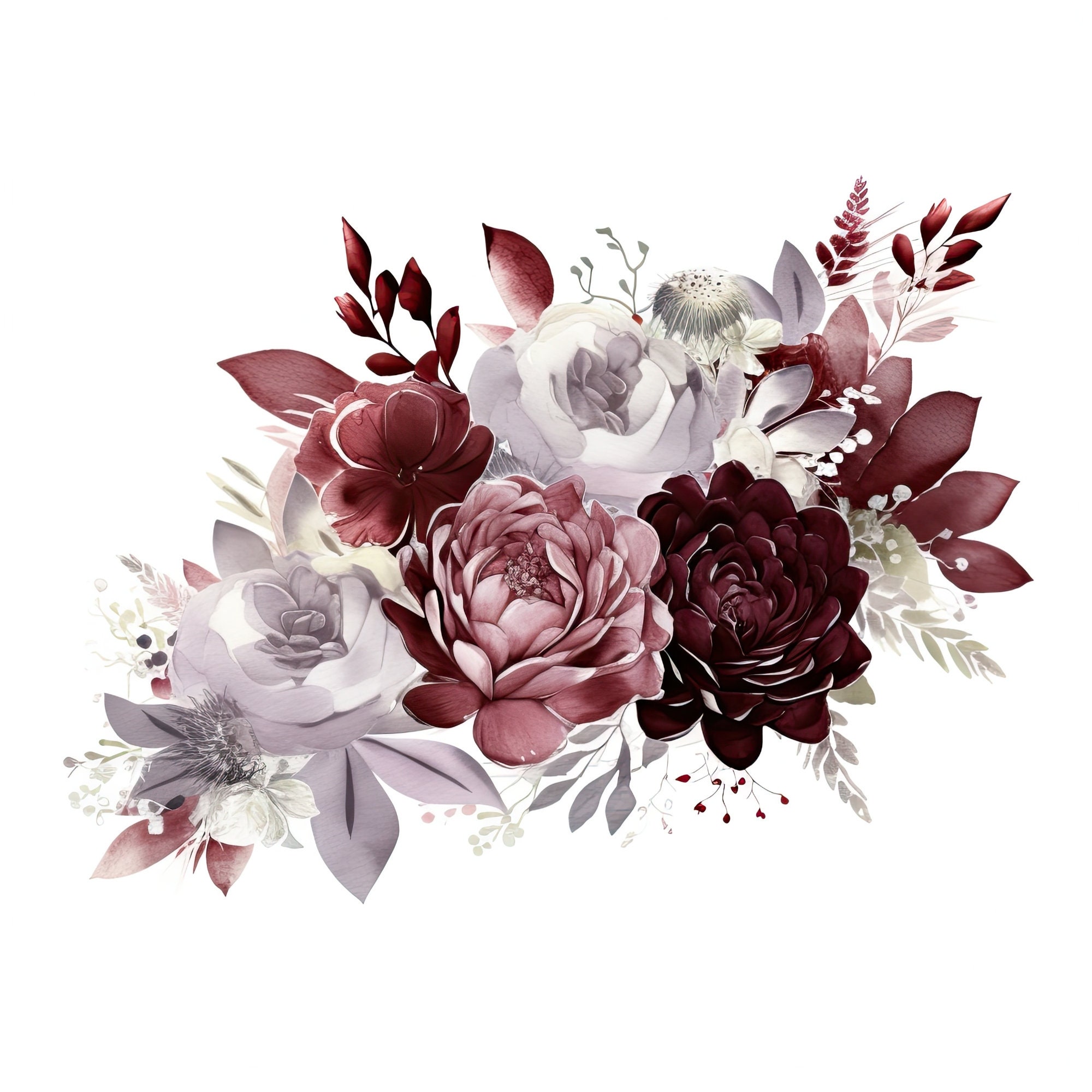 Burgundy and Silver Floral Clipart 28 High-quality Jpgs Watercolor ...