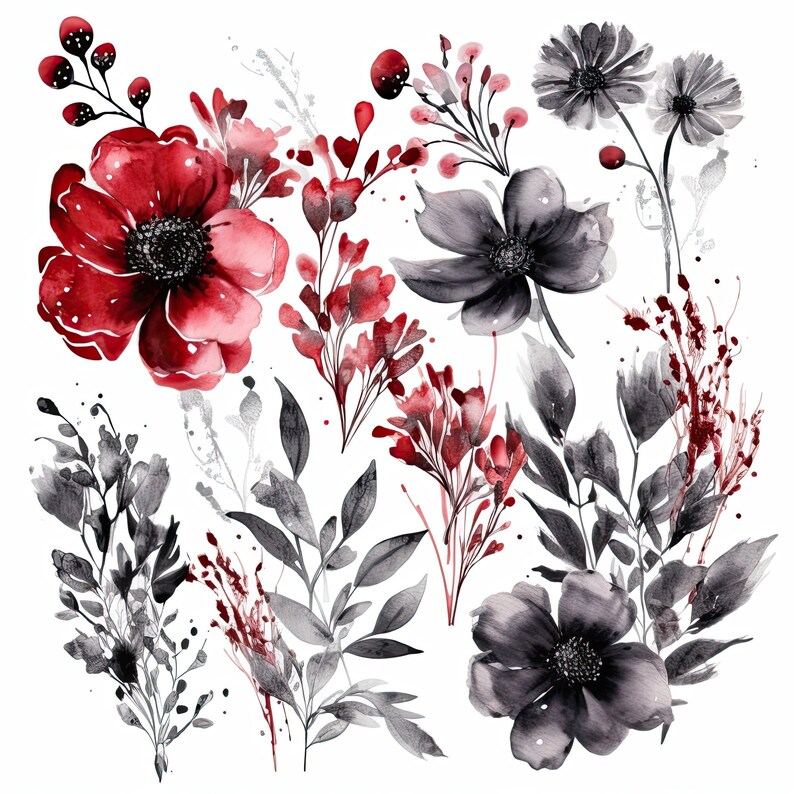 Crimson Black and Silver Floral Clipart 30 High-quality Jpgs Watercolor ...