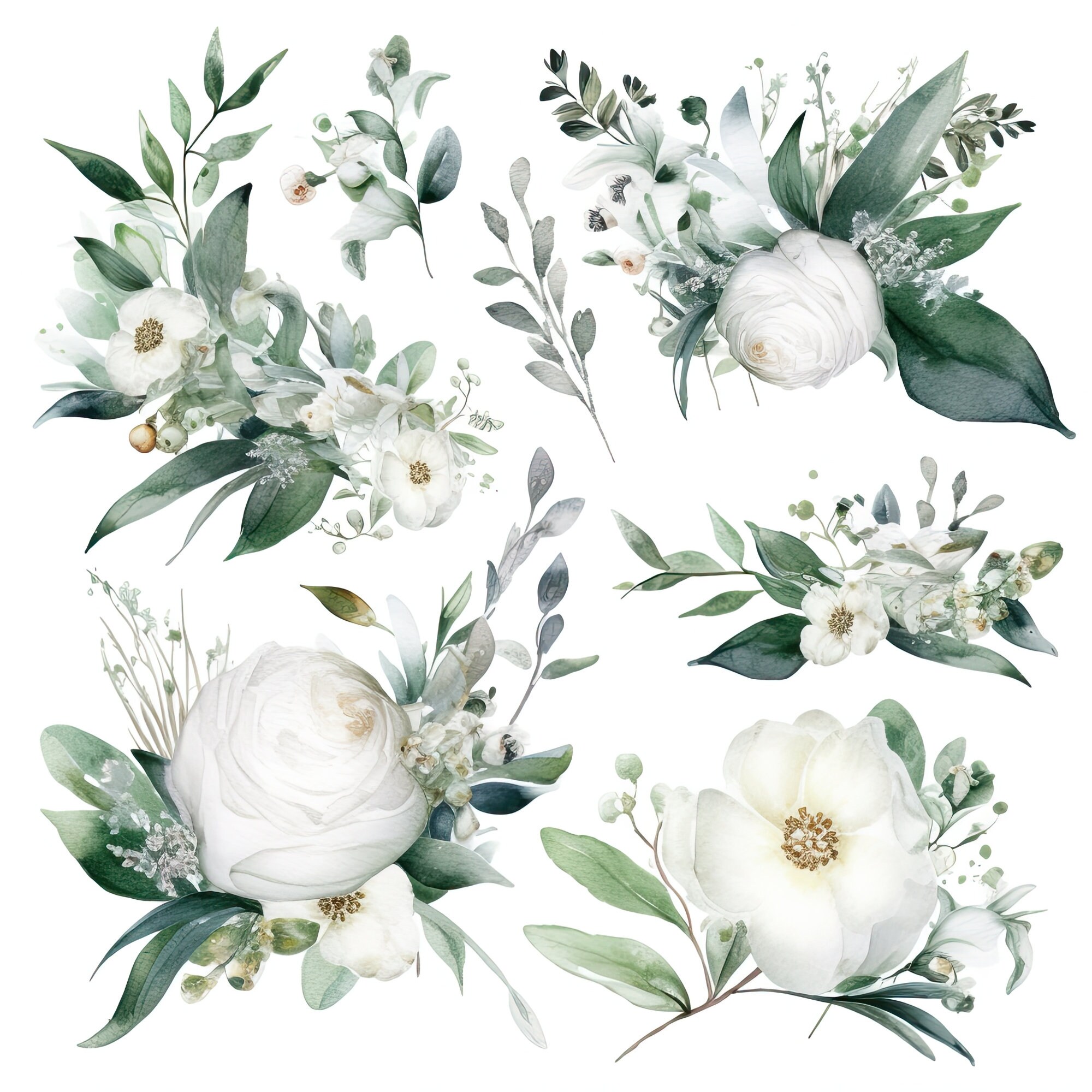 White Wedding Florals Clipart: Rustic Floral Wedding Flowers, White ...