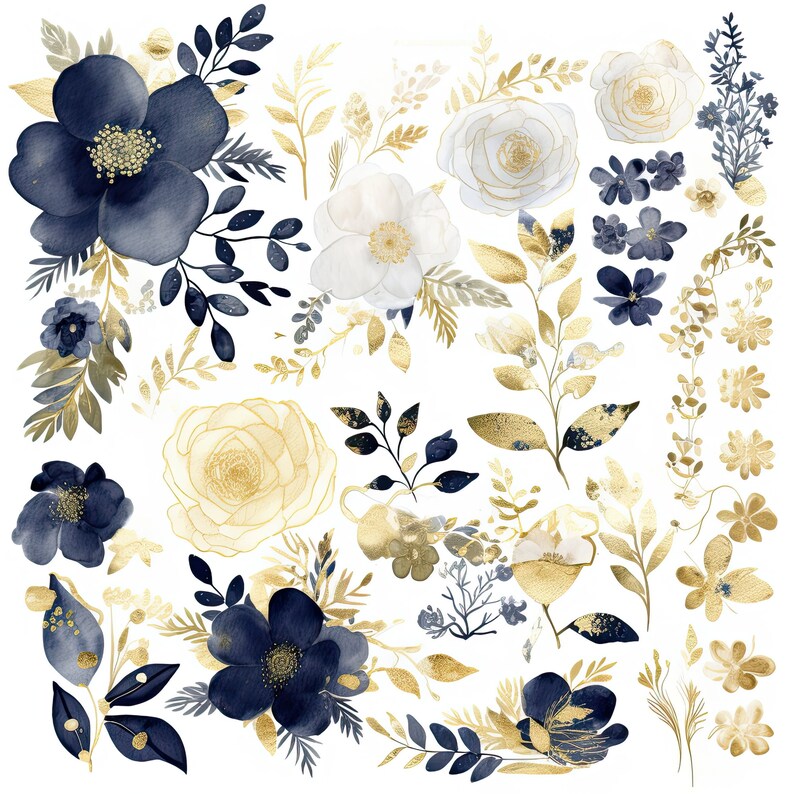 Navy and Gold Floral Clipart Vintage Blue and Gold Flower Art, Rose ...