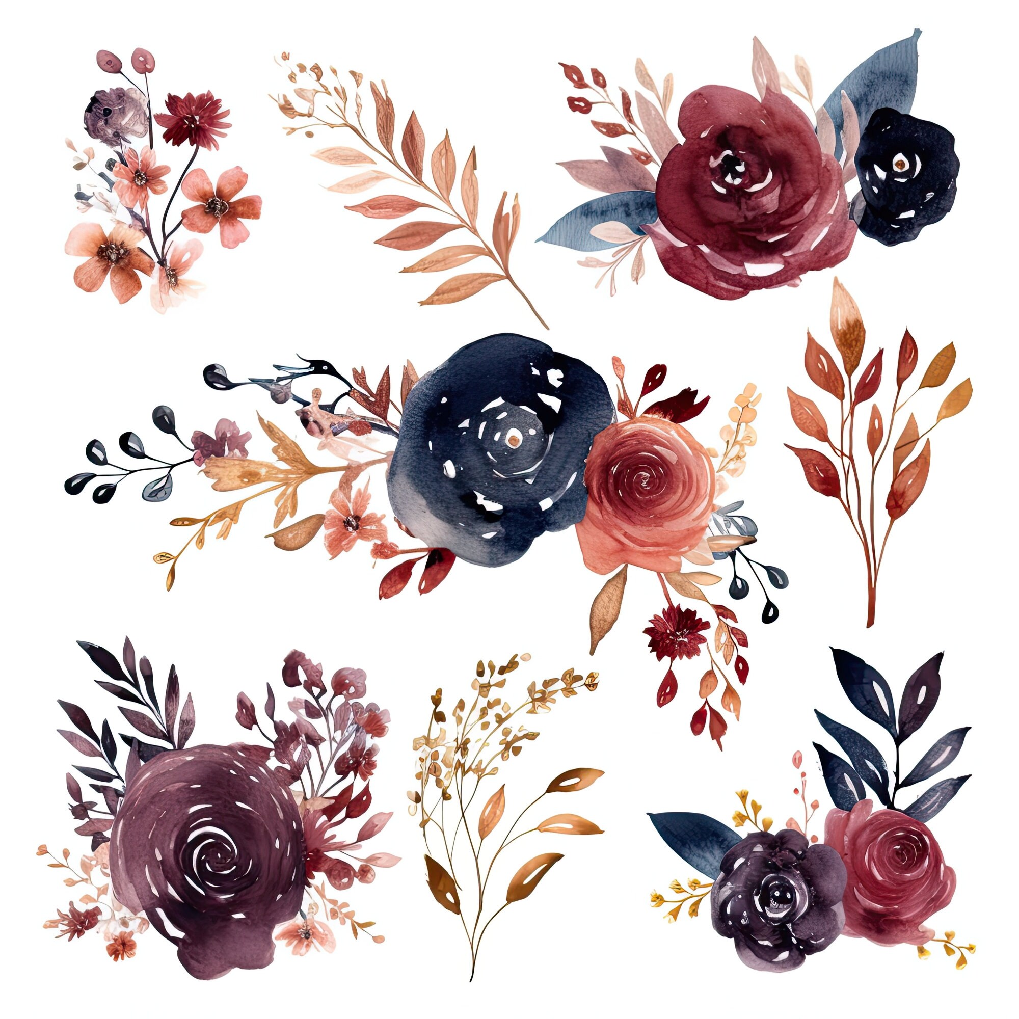 Navy Maroon and Rose Gold Floral Clipart 64 High-quality Jpgs ...