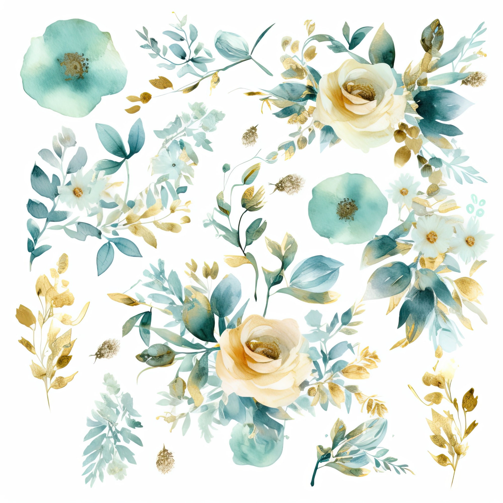 Aqua and Gold Floral Clipart, Aqua Flowers, Watercolor Floral Clip Art ...
