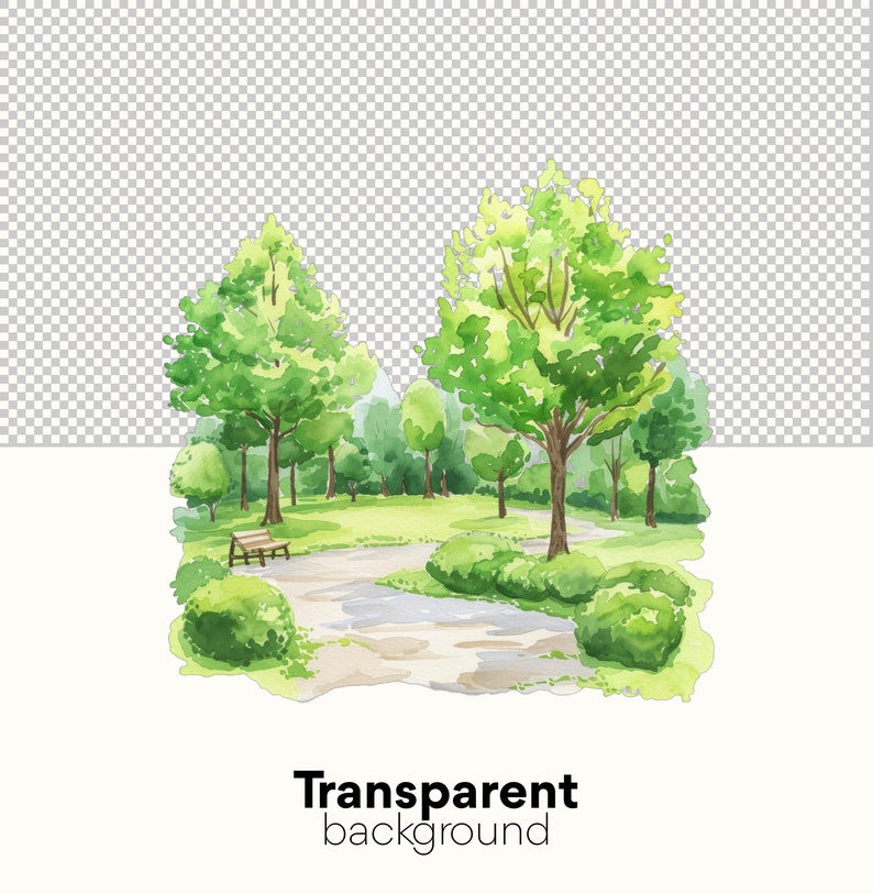 Park Clipart: Watercolor Landscape, Park Bench, PNG Digital Download ...