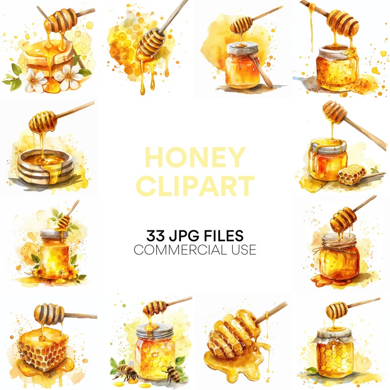 Honey Clipart: Watercolor Honey Bee, Beehive, Honey Jar, Bees & Flowers ...
