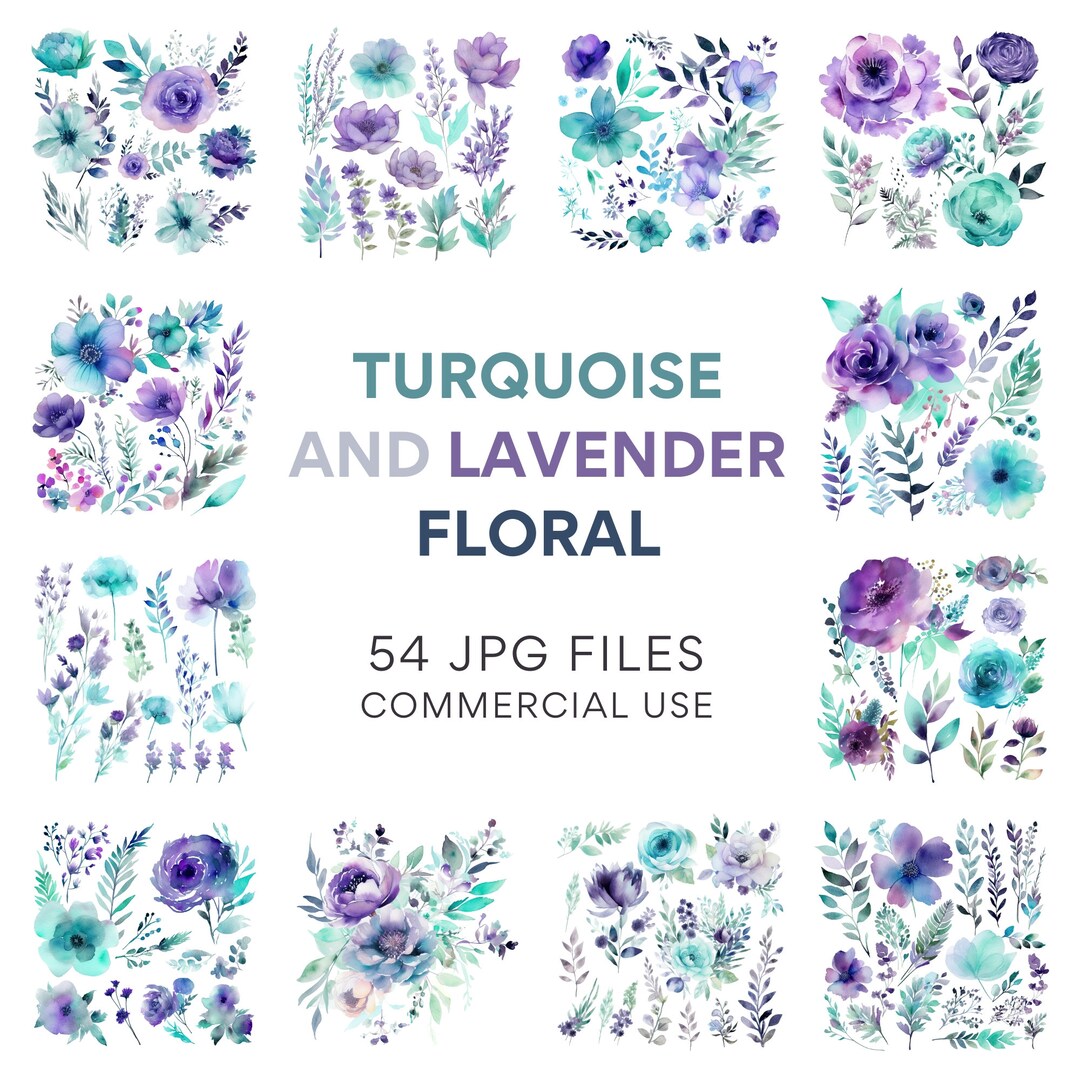Turquoise and Lavender Floral Clipart Teal and Purple Vintage Flowers ...
