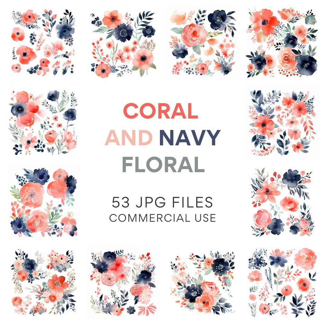 Coral and Navy Floral Clipart - Rustic Vintage Flowers for Wedding ...