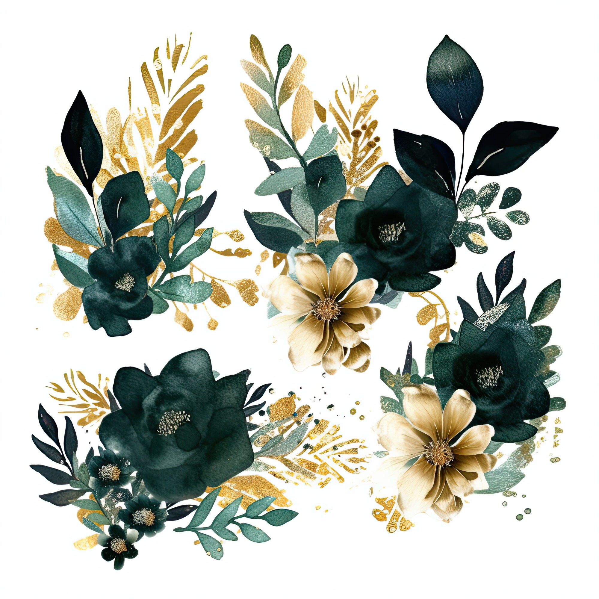 Dark Emerald and Gold Floral Bouquets Clipart Vintage Green Roses, St ...
