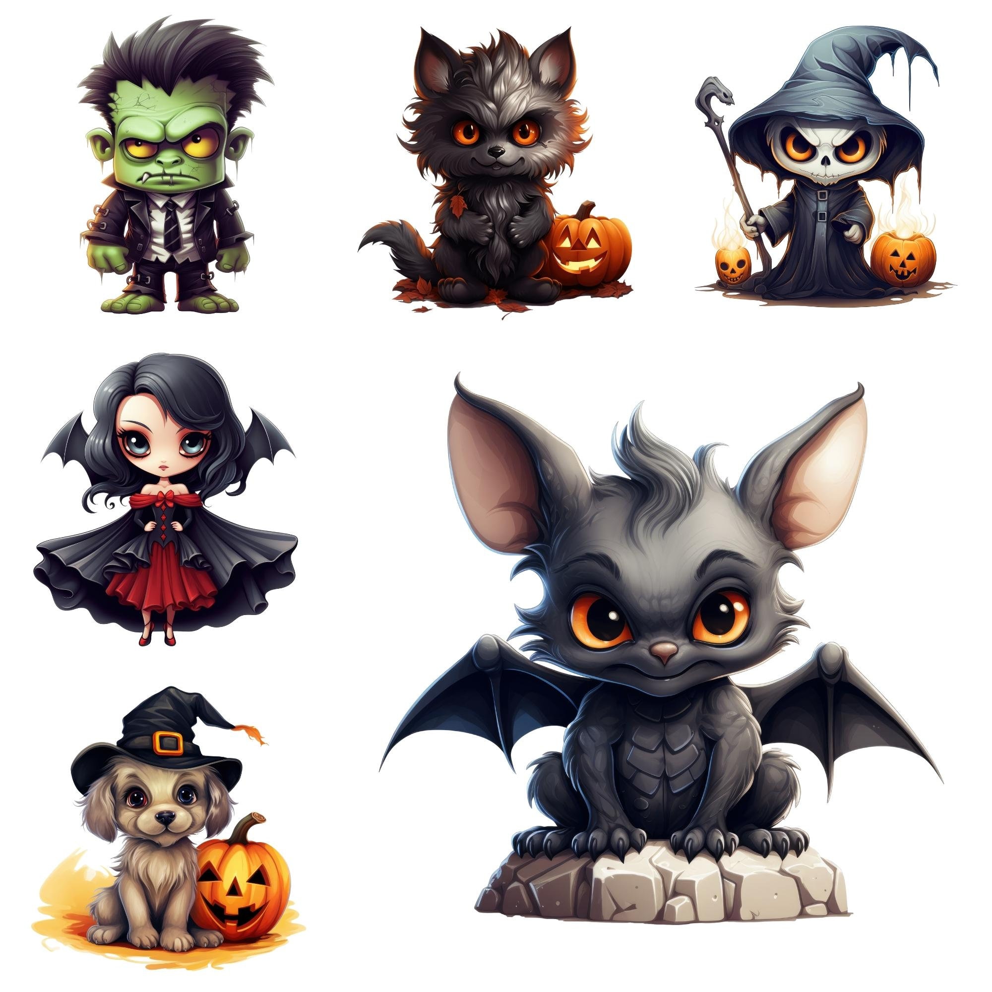 Halloween Characters Set - 30 PNG Clipart, Halloween Illustration ...