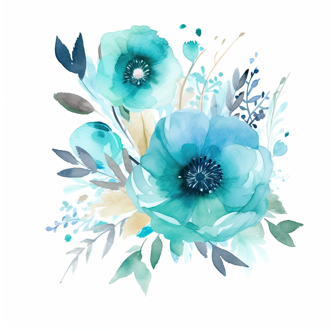 Turquoise Bouquets Floral Clipart: Rustic Wedding Vintage Flowers, Teal ...