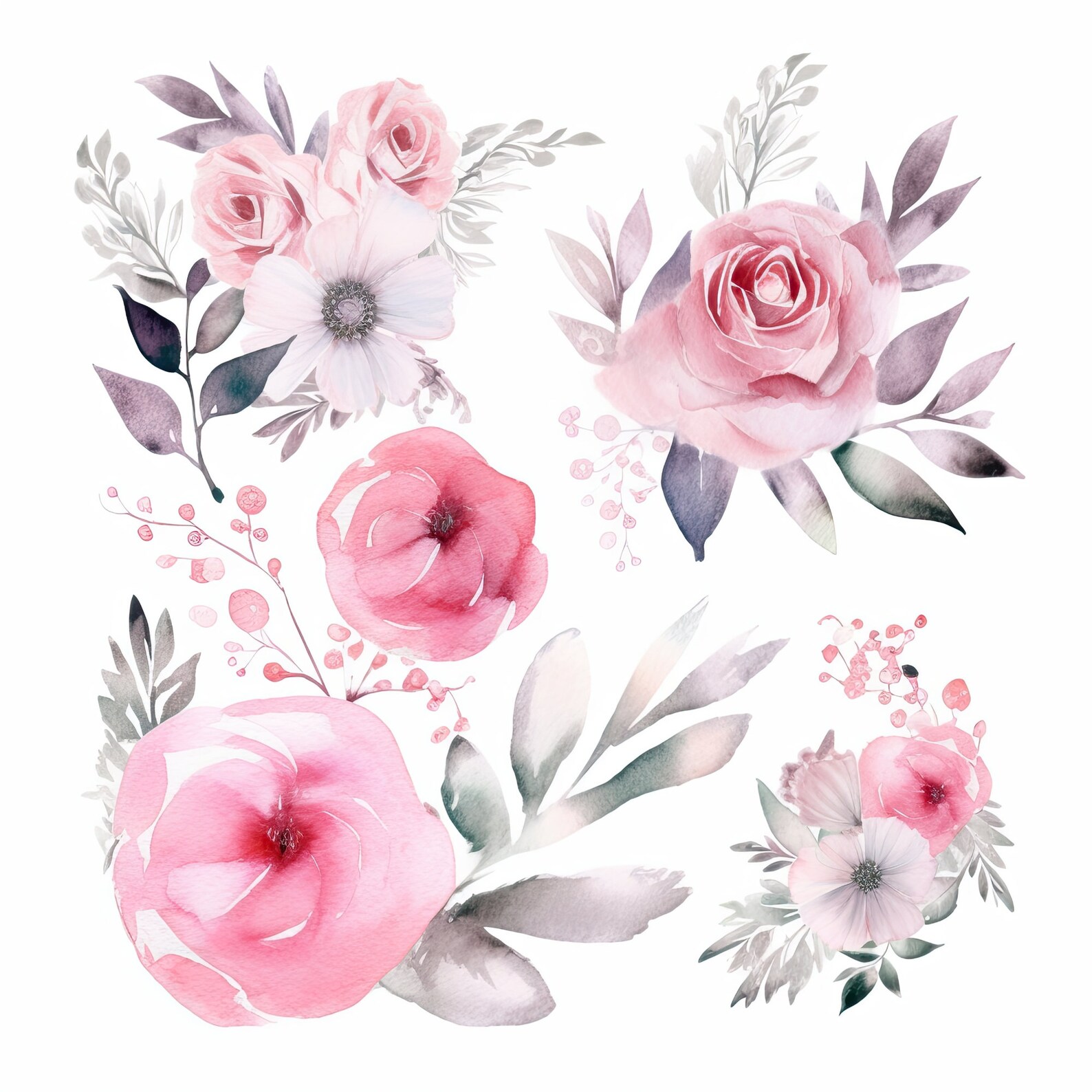 Pink and Silver Floral Clipart: Vintage Flowers With Silver Glitter ...