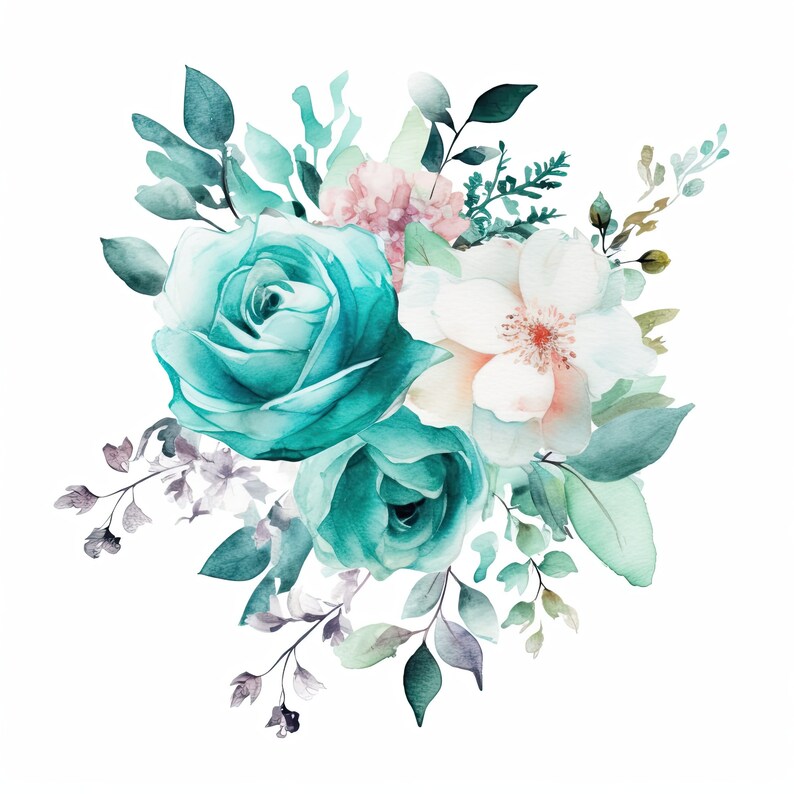 Turquoise Bouquets Floral Clipart: Rustic Wedding Vintage Flowers, Teal ...