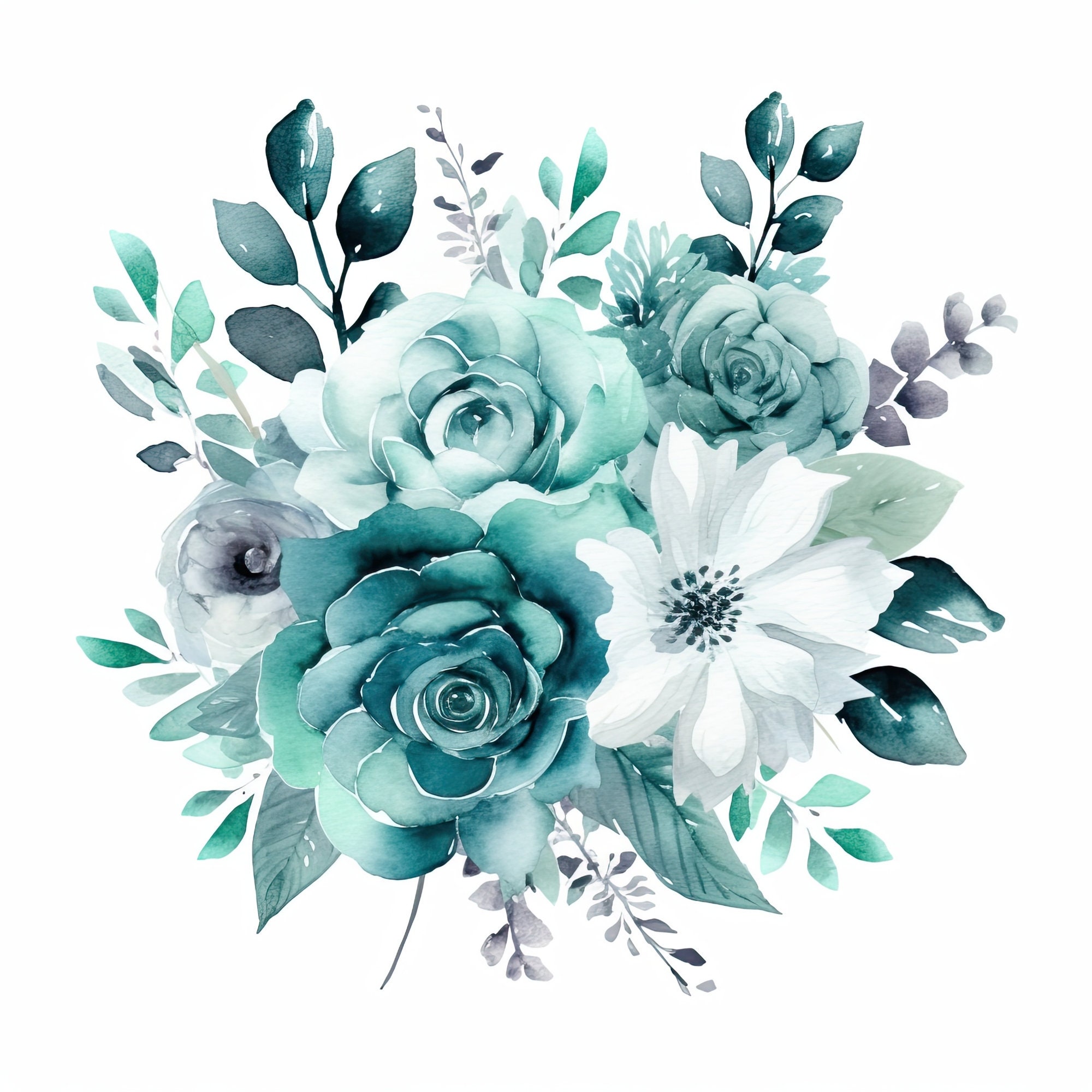 Turquoise Bouquets Floral Clipart: Rustic Wedding Vintage Flowers, Teal ...