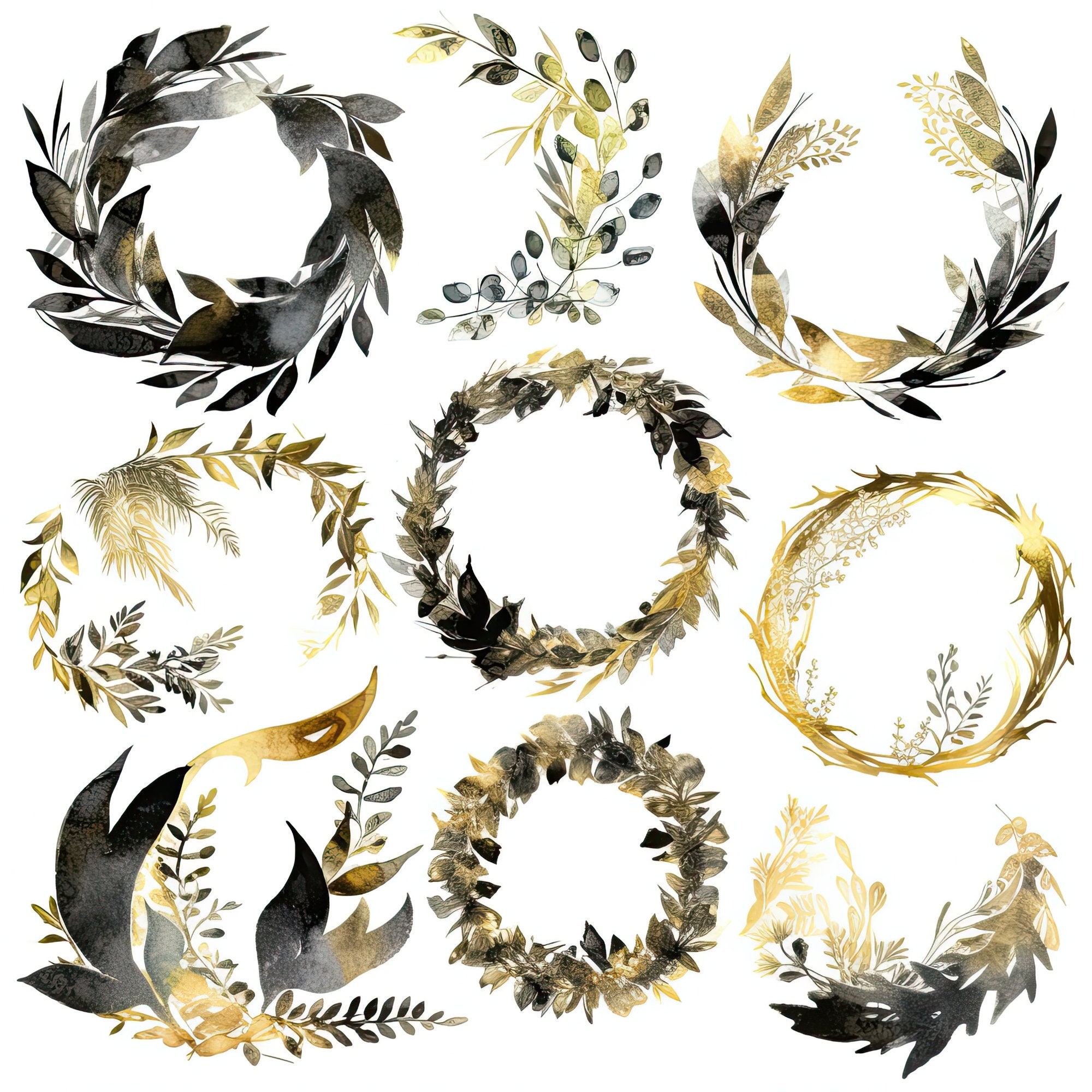 Black and Gold Wreaths Clipart: JPG Floral, Gold Glitter, Black & Gold ...