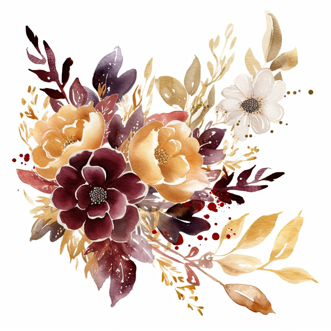 Maroon and Gold Floral Clipart: Rustic Flowers, Maroon Floral Bouquets ...