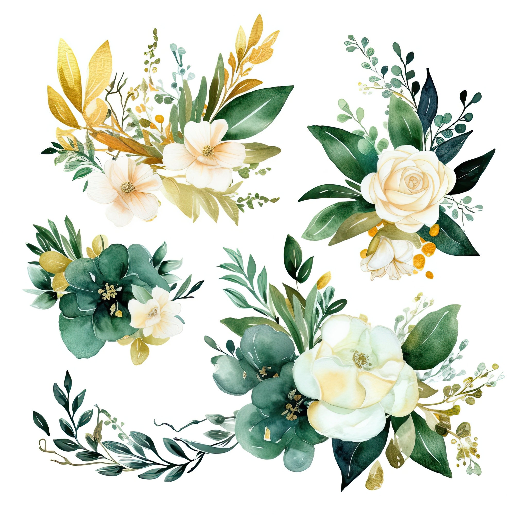 Emerald and Gold Floral Bouquets Clipart: Vintage Flowers in Green and ...