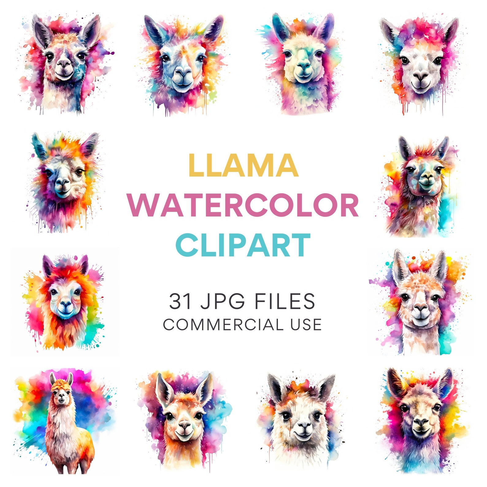 Llama Clipart Bundle: Alpaca Clipart, Watercolor Clipart, Cute Llama ...