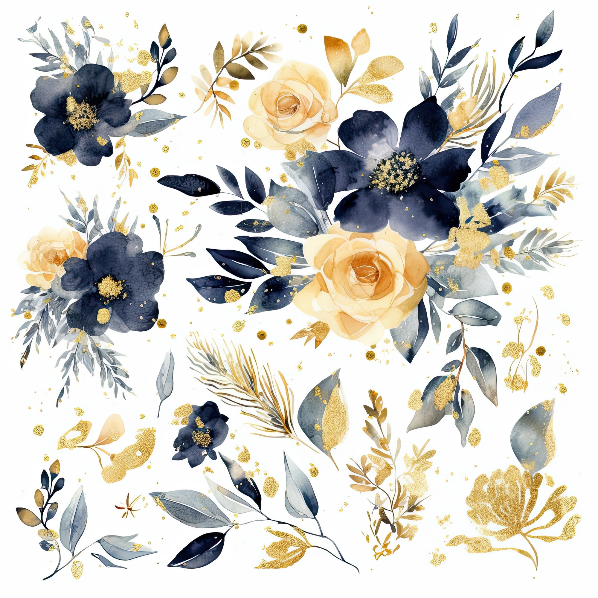 Navy and Gold Floral Clipart - Vintage Blue and Gold Flower Art, Rose ...