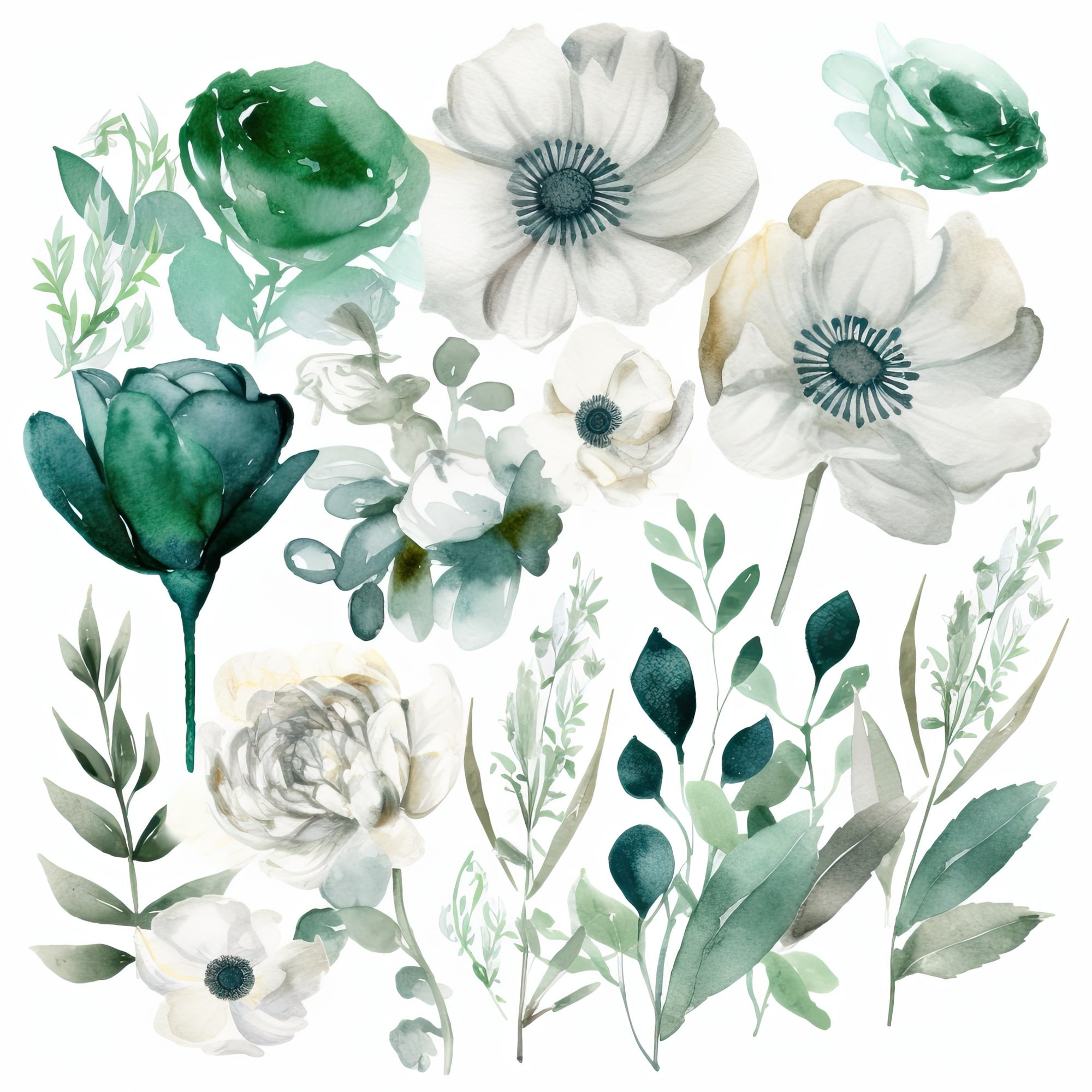 Emerald and Silver Floral Clipart: Rose & Green Bouquets, Vintage ...