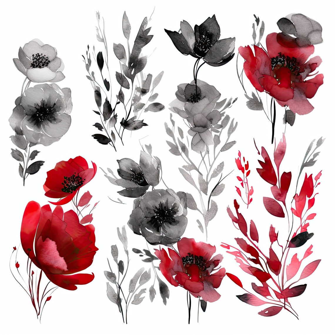 Crimson Black and Silver Floral Clipart With Glitter Flowers - Vintage ...