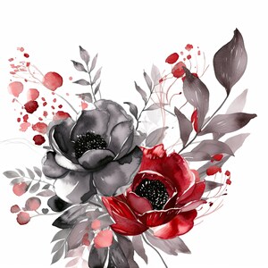 Crimson Black and Silver Floral Clipart With Glitter Flowers - Vintage ...